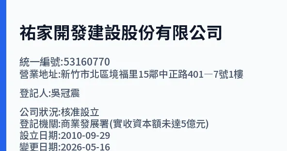 祐家開發建設股份有限公司的照片-統編 53160770(新竹市) 公司登記資料與營業項目詳細圖表