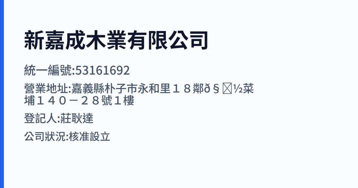 新嘉成木業有限公司 - 統編 53161692(嘉義縣) 公司登記資料與營業項目詳細圖表