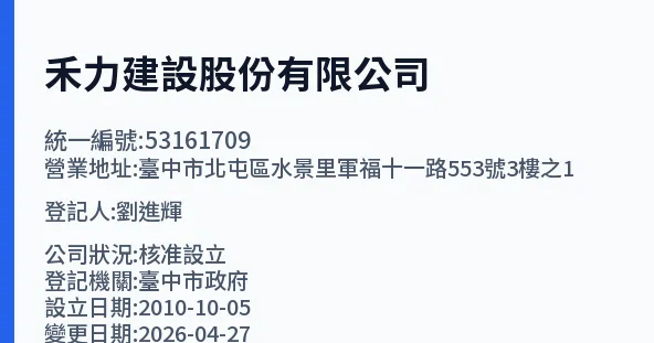 禾力建設股份有限公司的照片-統編 53161709(臺中市) 公司登記資料與營業項目詳細圖表