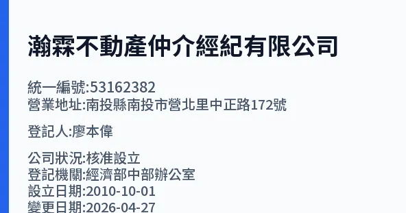 瀚霖不動產仲介經紀有限公司的照片-統編 53162382(南投縣) 公司登記資料與營業項目詳細圖表