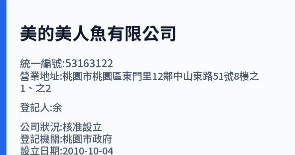 美的美人魚有限公司的照片-統編 53163122(桃園市) 公司登記資料與營業項目詳細圖表
