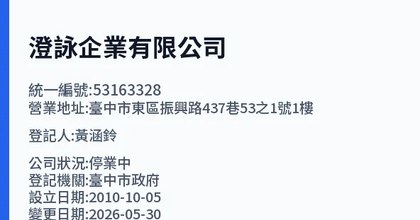 澄詠企業有限公司的照片-統編 53163328(臺中市) 公司登記資料與營業項目詳細圖表