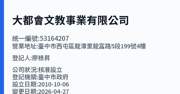 大都會文教事業有限公司的照片-統編 53164207(臺中市) 公司登記資料與營業項目詳細圖表