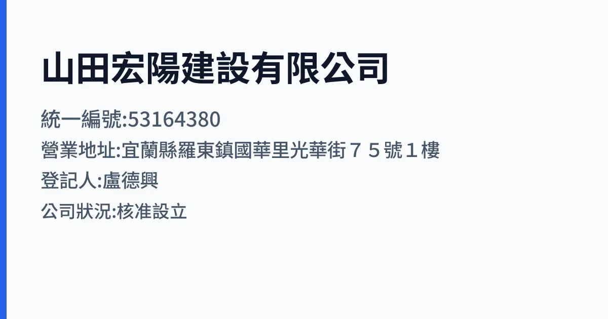 山田宏陽建設有限公司 - 統編 53164380(宜蘭縣) 公司登記資料與營業項目詳細圖表