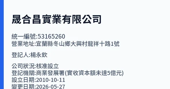 晟合昌實業有限公司的照片-統編 53165260(宜蘭縣) 公司登記資料與營業項目詳細圖表