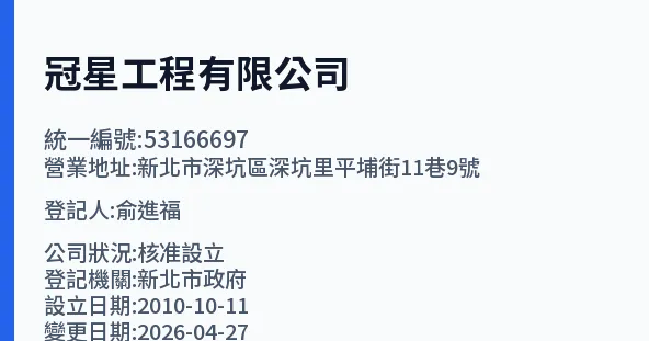 冠星工程有限公司的照片-統編 53166697(新北市) 公司登記資料與營業項目詳細圖表