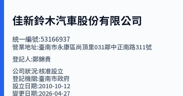 佳新鈴木汽車股份有限公司的照片-統編 53166937(臺南市) 公司登記資料與營業項目詳細圖表