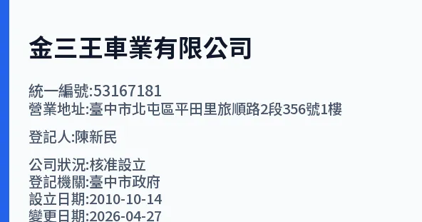 金三王車業有限公司的照片-統編 53167181(臺中市) 公司登記資料與營業項目詳細圖表