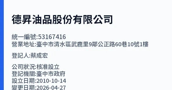 德昇油品股份有限公司的照片-統編 53167416(臺中市) 公司登記資料與營業項目詳細圖表