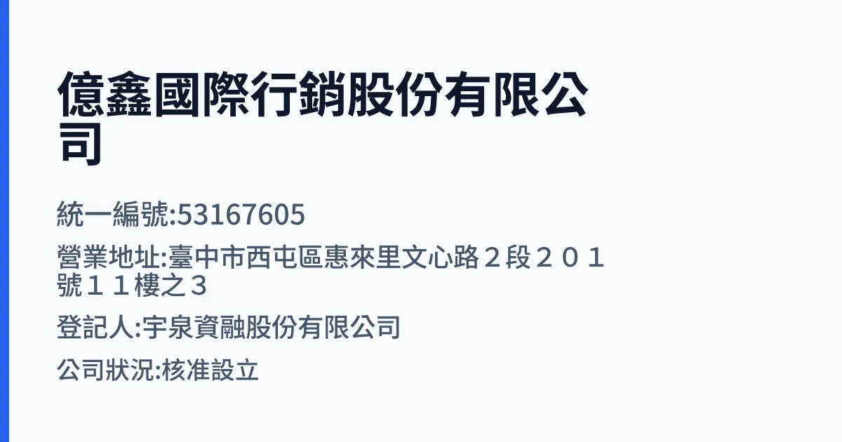 億鑫國際行銷股份有限公司 - 統編 53167605(臺中市) 公司登記資料與營業項目詳細圖表