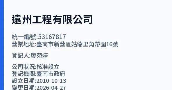 遠州工程有限公司的照片-統編 53167817(臺南市) 公司登記資料與營業項目詳細圖表