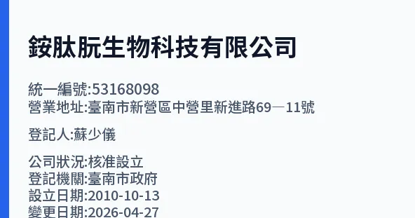 銨肽朊生物科技有限公司的照片-統編 53168098(臺南市) 公司登記資料與營業項目詳細圖表