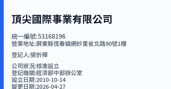 頂尖國際事業有限公司的照片-統編 53168196(屏東縣) 公司登記資料與營業項目詳細圖表