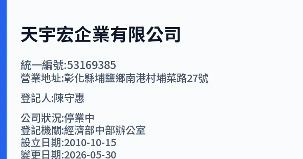 天宇宏企業有限公司的照片-統編 53169385(彰化縣) 公司登記資料與營業項目詳細圖表