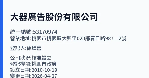 大器廣告股份有限公司的照片-統編 53170974(桃園市) 公司登記資料與營業項目詳細圖表