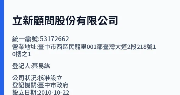 立新顧問股份有限公司的照片-統編 53172662(臺中市) 公司登記資料與營業項目詳細圖表