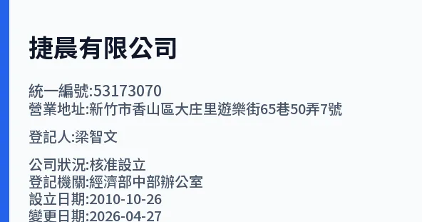 捷晨有限公司的照片-統編 53173070(新竹市) 公司登記資料與營業項目詳細圖表