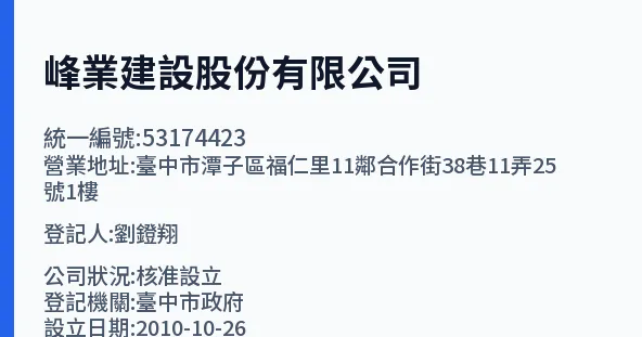 峰業建設股份有限公司的照片-統編 53174423(臺中市) 公司登記資料與營業項目詳細圖表