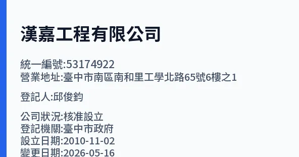漢嘉工程有限公司的照片-統編 53174922(臺中市) 公司登記資料與營業項目詳細圖表
