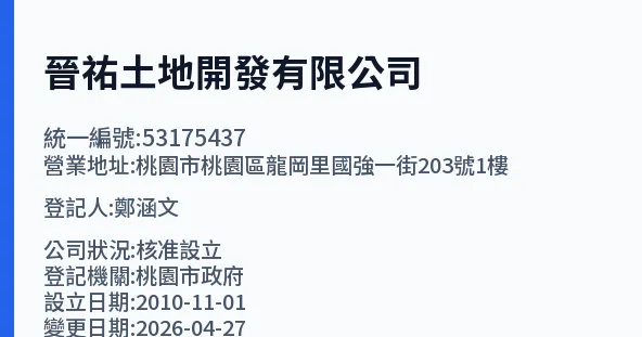 晉祐土地開發有限公司的照片-統編 53175437(桃園市) 公司登記資料與營業項目詳細圖表