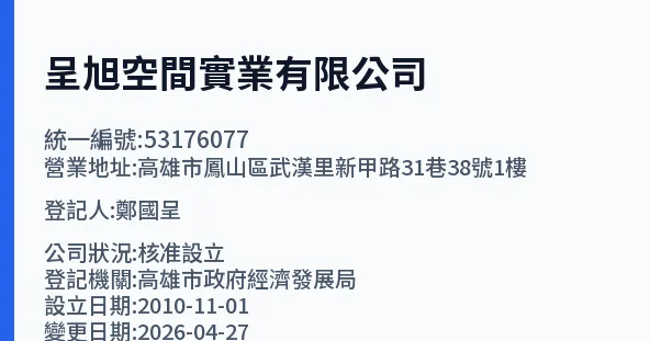 呈旭空間實業有限公司的照片-統編 53176077(高雄市) 公司登記資料與營業項目詳細圖表