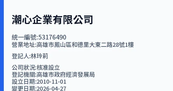 潮心企業有限公司的照片-統編 53176490(高雄市) 公司登記資料與營業項目詳細圖表