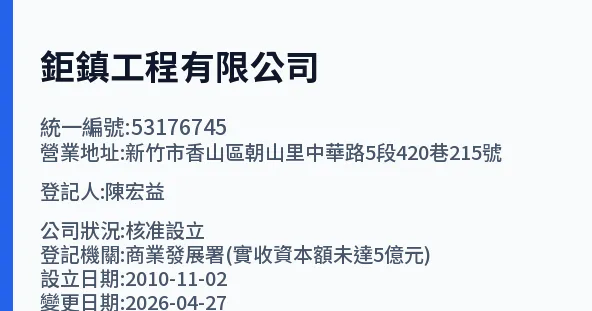 鉅鎮工程有限公司的照片-統編 53176745(新竹市) 公司登記資料與營業項目詳細圖表