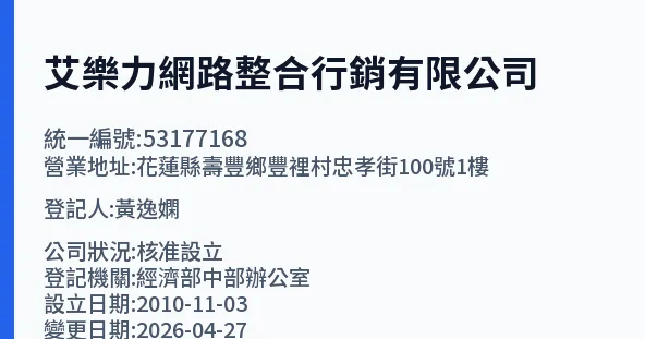 艾樂力網路整合行銷有限公司的照片-統編 53177168(花蓮縣) 公司登記資料與營業項目詳細圖表