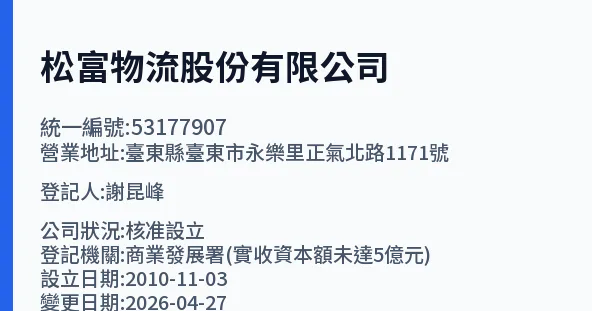 松富物流股份有限公司的照片-統編 53177907(臺東縣) 公司登記資料與營業項目詳細圖表