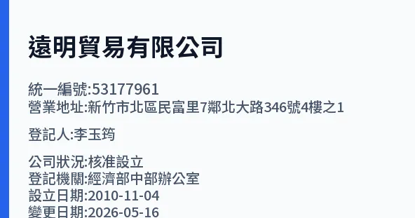 遠明貿易有限公司的照片-統編 53177961(新竹市) 公司登記資料與營業項目詳細圖表
