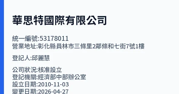 華思特國際有限公司的照片-統編 53178011(彰化縣) 公司登記資料與營業項目詳細圖表