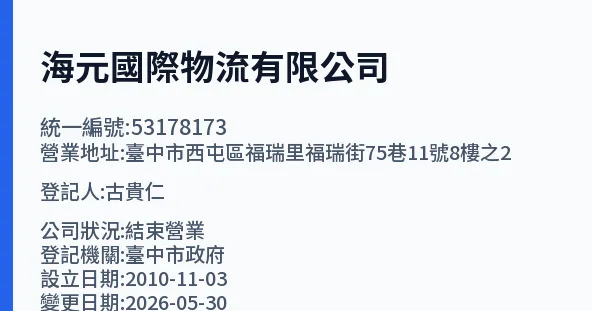 海元國際物流有限公司的照片-統編 53178173(臺中市) 公司登記資料與營業項目詳細圖表