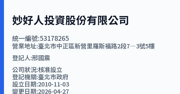 妙好人投資股份有限公司的照片-統編 53178265(臺北市) 公司登記資料與營業項目詳細圖表