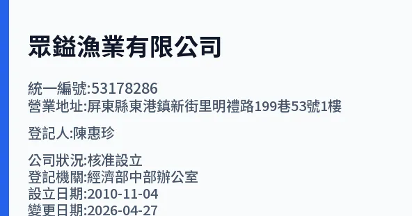 眾鎰漁業有限公司的照片-統編 53178286(屏東縣) 公司登記資料與營業項目詳細圖表