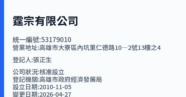 霆宗有限公司的照片-統編 53179010(高雄市) 公司登記資料與營業項目詳細圖表
