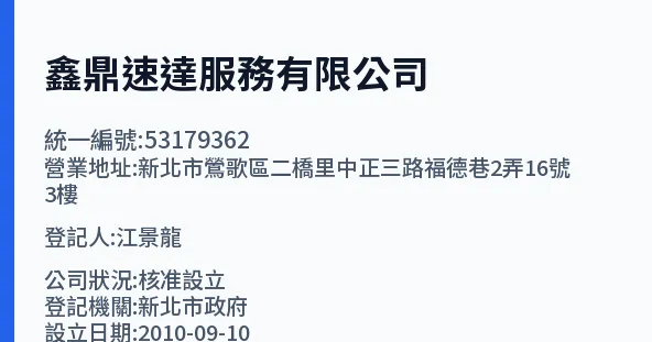 鑫鼎速達服務有限公司的照片-統編 53179362(新北市) 公司登記資料與營業項目詳細圖表