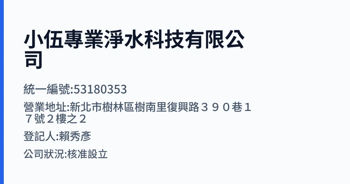 小伍專業淨水科技有限公司 - 統編 53180353(新北市) 公司登記資料與營業項目詳細圖表