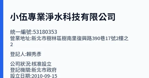 小伍專業淨水科技有限公司的照片-統編 53180353(新北市) 公司登記資料與營業項目詳細圖表