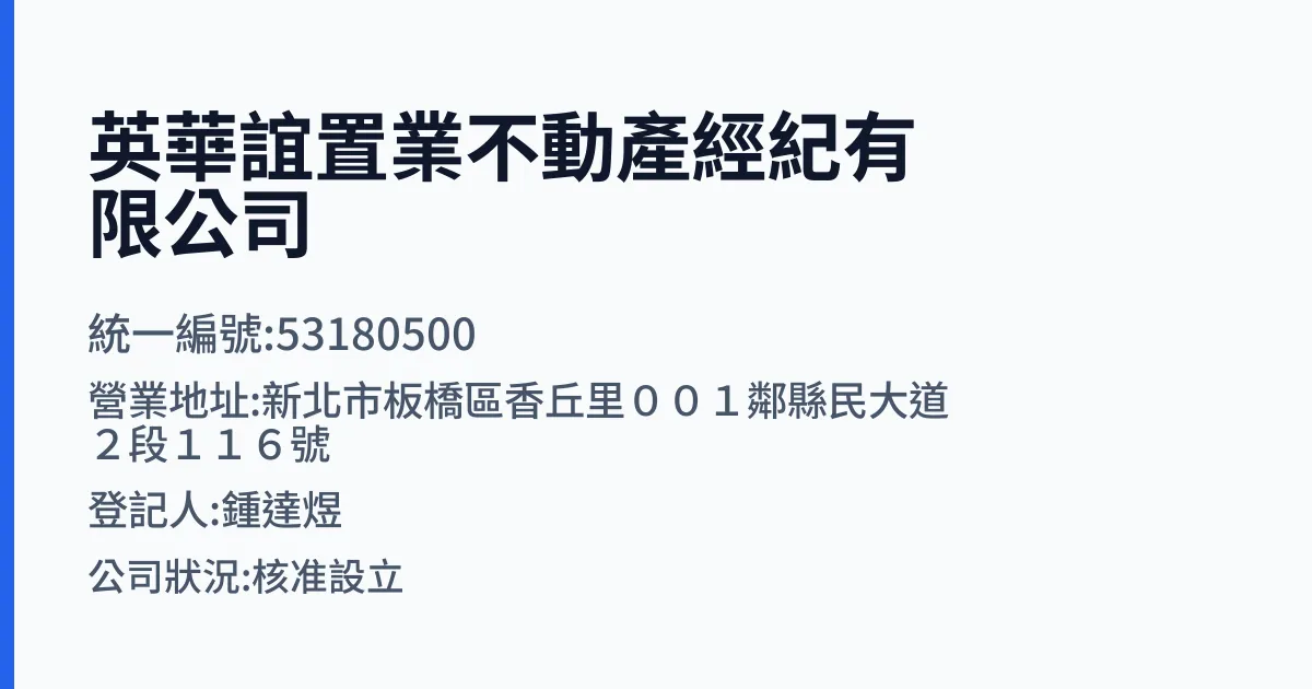 英華誼置業不動產經紀有限公司 - 統編 53180500(新北市) 公司登記資料與營業項目詳細圖表
