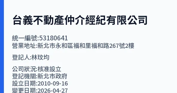 台義不動產仲介經紀有限公司的照片-統編 53180641(新北市) 公司登記資料與營業項目詳細圖表