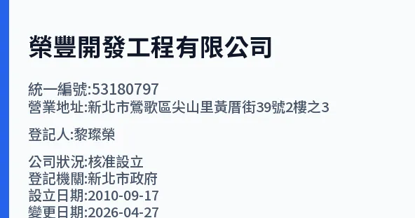 榮豐開發工程有限公司的照片-統編 53180797(新北市) 公司登記資料與營業項目詳細圖表