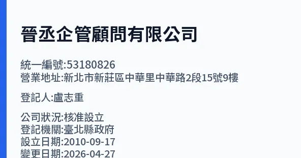 晉丞企管顧問有限公司的照片-統編 53180826(新北市) 公司登記資料與營業項目詳細圖表