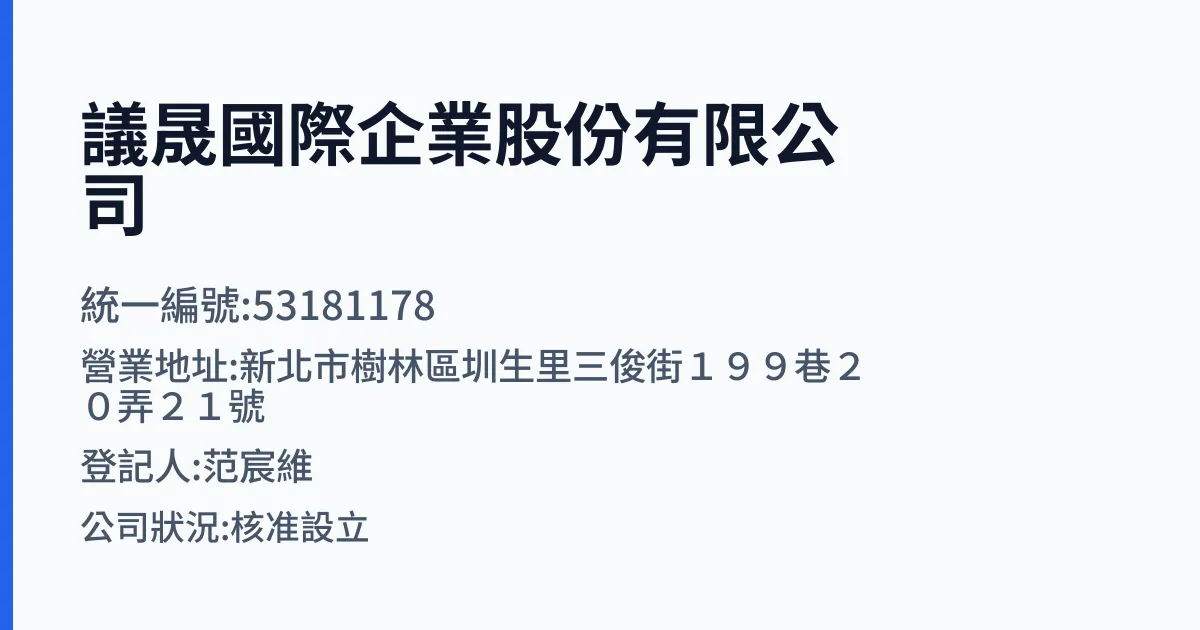 議晟國際企業股份有限公司 - 統編 53181178(新北市) 公司登記資料與營業項目詳細圖表
