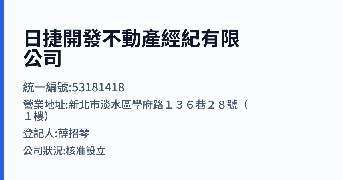 日捷開發不動產經紀有限公司 - 統編 53181418(新北市) 公司登記資料與營業項目詳細圖表