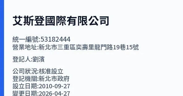 艾斯登國際有限公司的照片-統編 53182444(新北市) 公司登記資料與營業項目詳細圖表