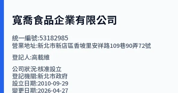 寬喬食品企業有限公司的照片-統編 53182985(新北市) 公司登記資料與營業項目詳細圖表