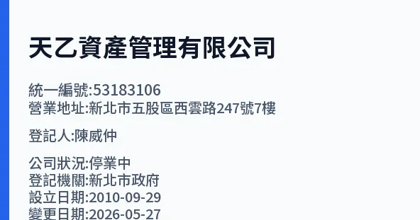 天乙資產管理有限公司的照片-統編 53183106(新北市) 公司登記資料與營業項目詳細圖表