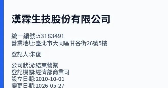 漢霖生技股份有限公司的照片-統編 53183491(臺北市) 公司登記資料與營業項目詳細圖表