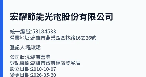 宏耀節能光電股份有限公司的照片-統編 53184533(高雄市) 公司登記資料與營業項目詳細圖表