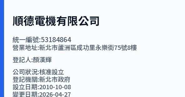 順德電機有限公司的照片-統編 53184864(新北市) 公司登記資料與營業項目詳細圖表
